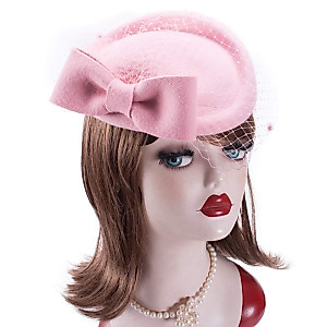 Lady Womens Dress Fascinator Wool Felt Pillbox Hat Party Wedding Bow Veil A082 (Pink)