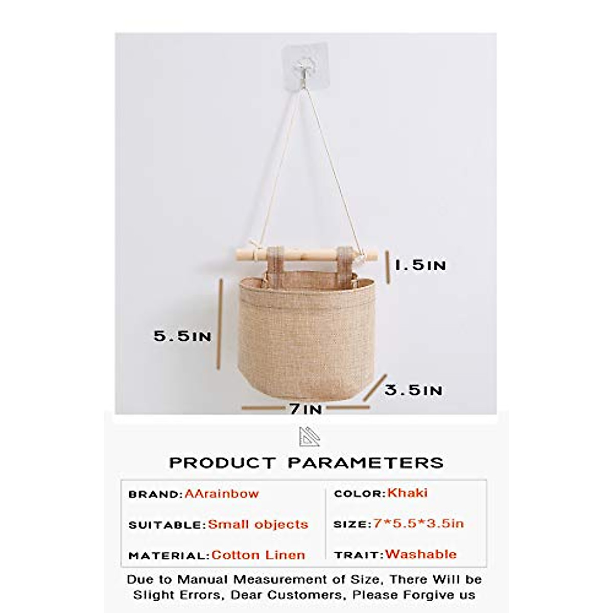 AARAINBOW 1 Pack Mini Cotton Linen Fabric Closet Detachable Foldable Washable Hanging Storage Bag with 3 Pockets Over The Wall Door Organizer for Room Bathroom (Khaki)