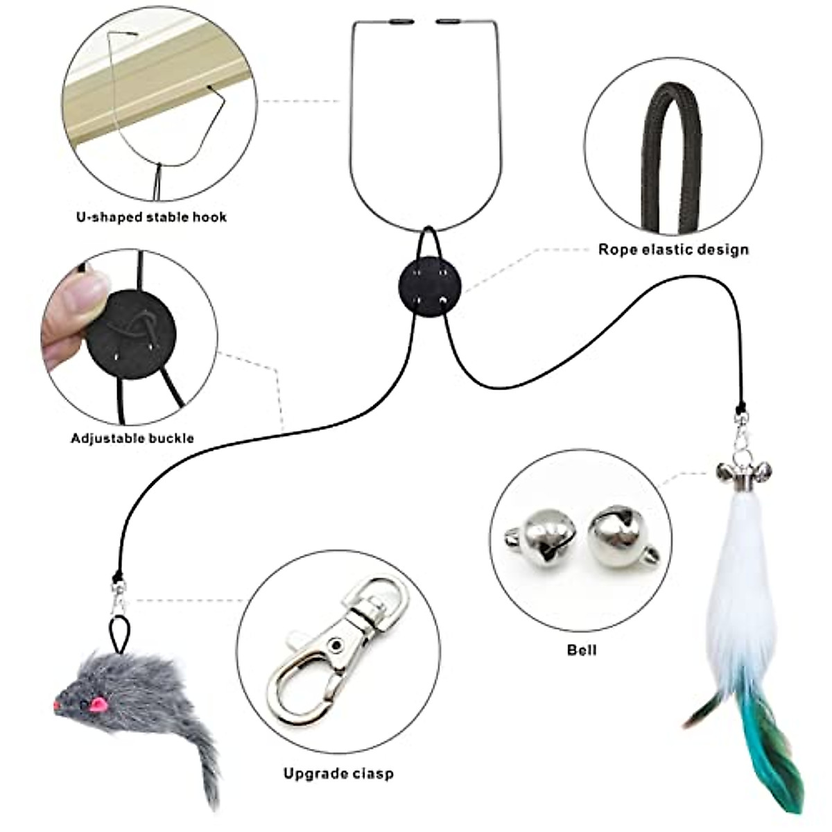 Otunrues Cat Feather Toys, Interactive Cats Toy for Indoor Cats, Hanging Cat Toys Doorway Retractable Cat Teaser Toy 4PCS Replaceable Natural Feathers Refills Play Exercise Puzzle Toys