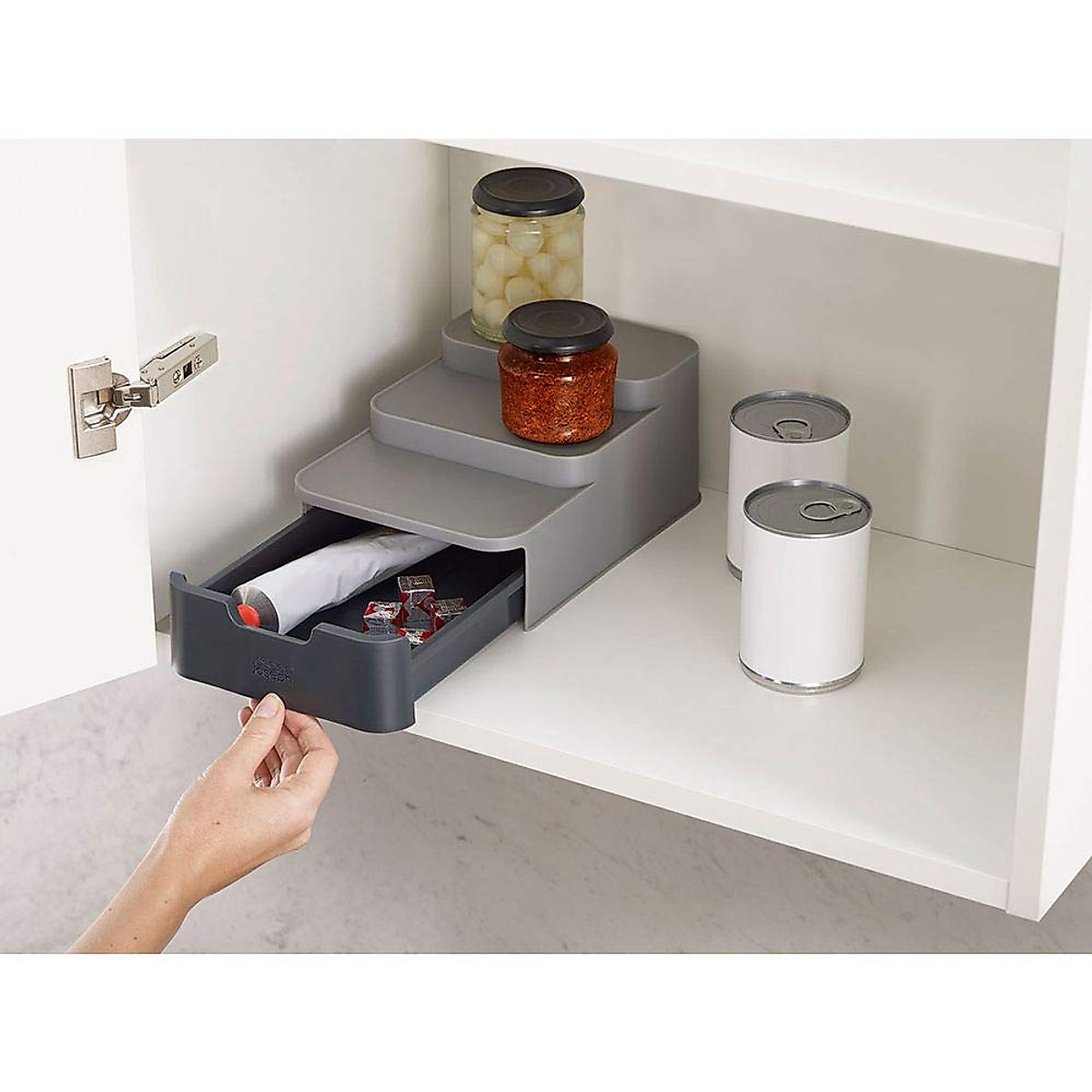 Joseph Joseph, Drawer Under Shelf Cupboard Store & CupboardStore Compact 3 Tier Shelf Organizer with Drawer for Cabinet, Gray