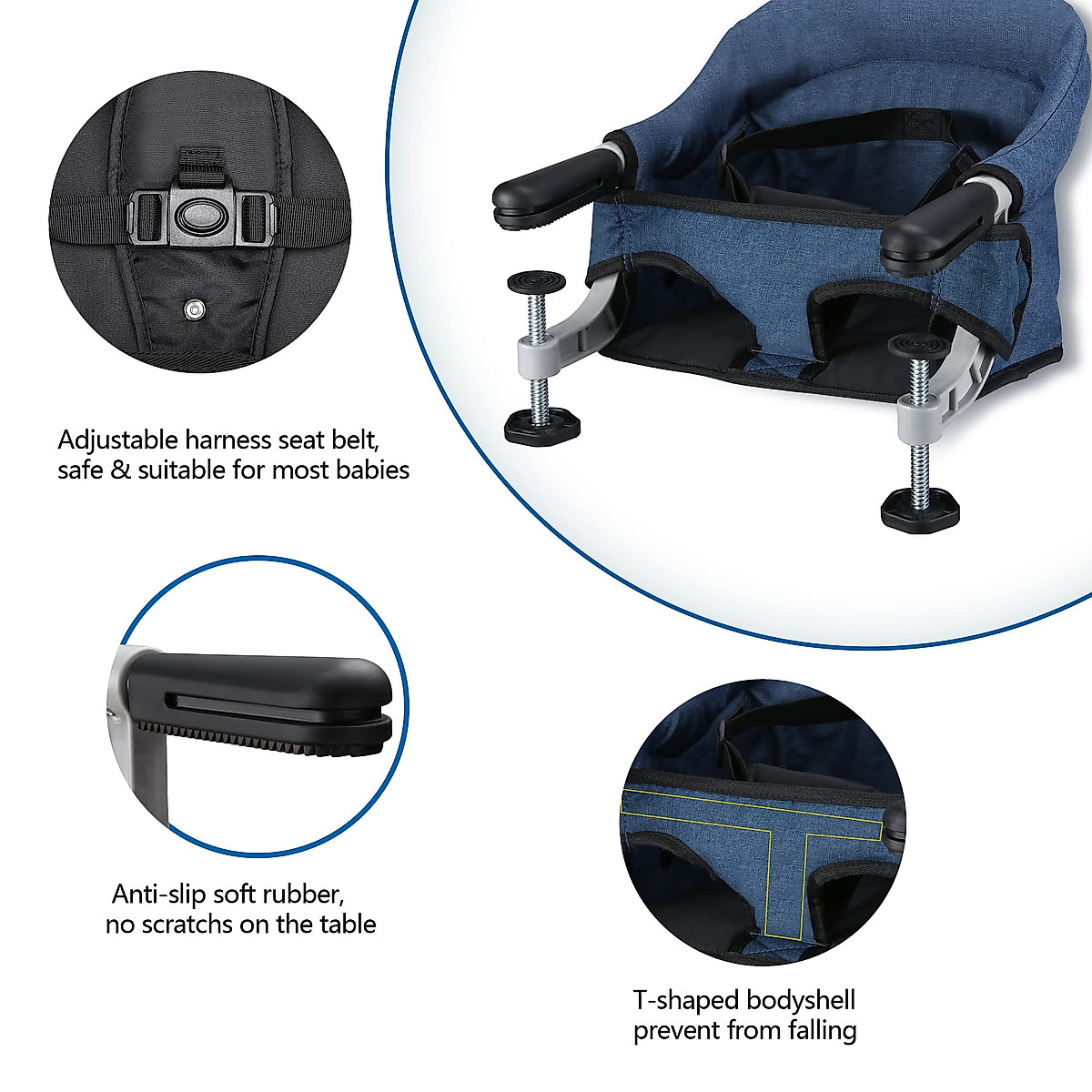 Fast Table Chair Hook on High Chair Clip on Table Clamping Chair High Load Fold-Flat Storage Tight Fixing Feeding Seat Attach to Table Ideal Folding Chair for Travel (Navy)