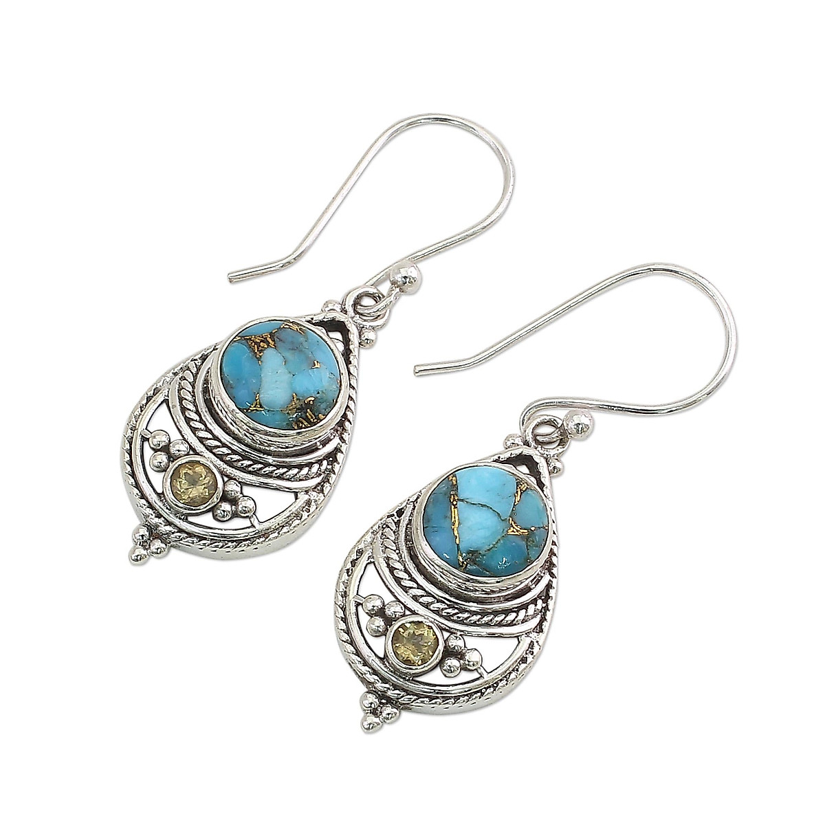 NOVICA Artisan Handmade Citrine Dangle Earrings Composite Turquoise from India [6.75 in min L x 8 in max L 1 mm W Pendant(s) 0.4 in L x 0.8 in W x 0 in D] ' Azure Heaven'