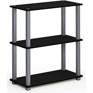Furinno Turn-N-Tube 4-Tier Multipurpose Shelf Display Rack, Square Tube, Americano/Black & Turn-S-Tube 3-Tier Compact Multipurpose Shelf Display Rack with Square Tube, Black/Grey
