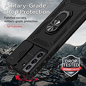 for Samsung Galaxy S21 Case with Camera Lens Cover HD Screen Protector, Dual Layer Military-Grade Drop Tested Magnetic Ring Holder Kickstand Protective Phone Case for Samsung Galaxy S21 5G (Black)