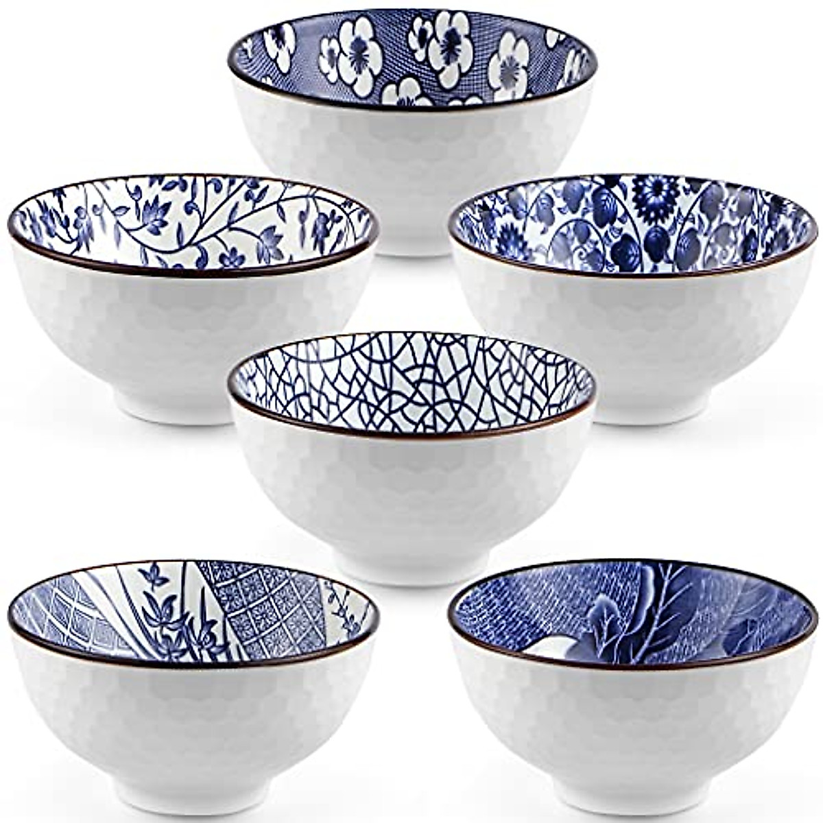 Sanbege Ceramic Rice Bowls 10 oz, Japanese Style Bowl Gift Set, Assorted Dinnerware Serving Bowls for Cereal, Soup, Dessert, Snack, Fruit, Salsa, Pack of 6 (Blue and White)