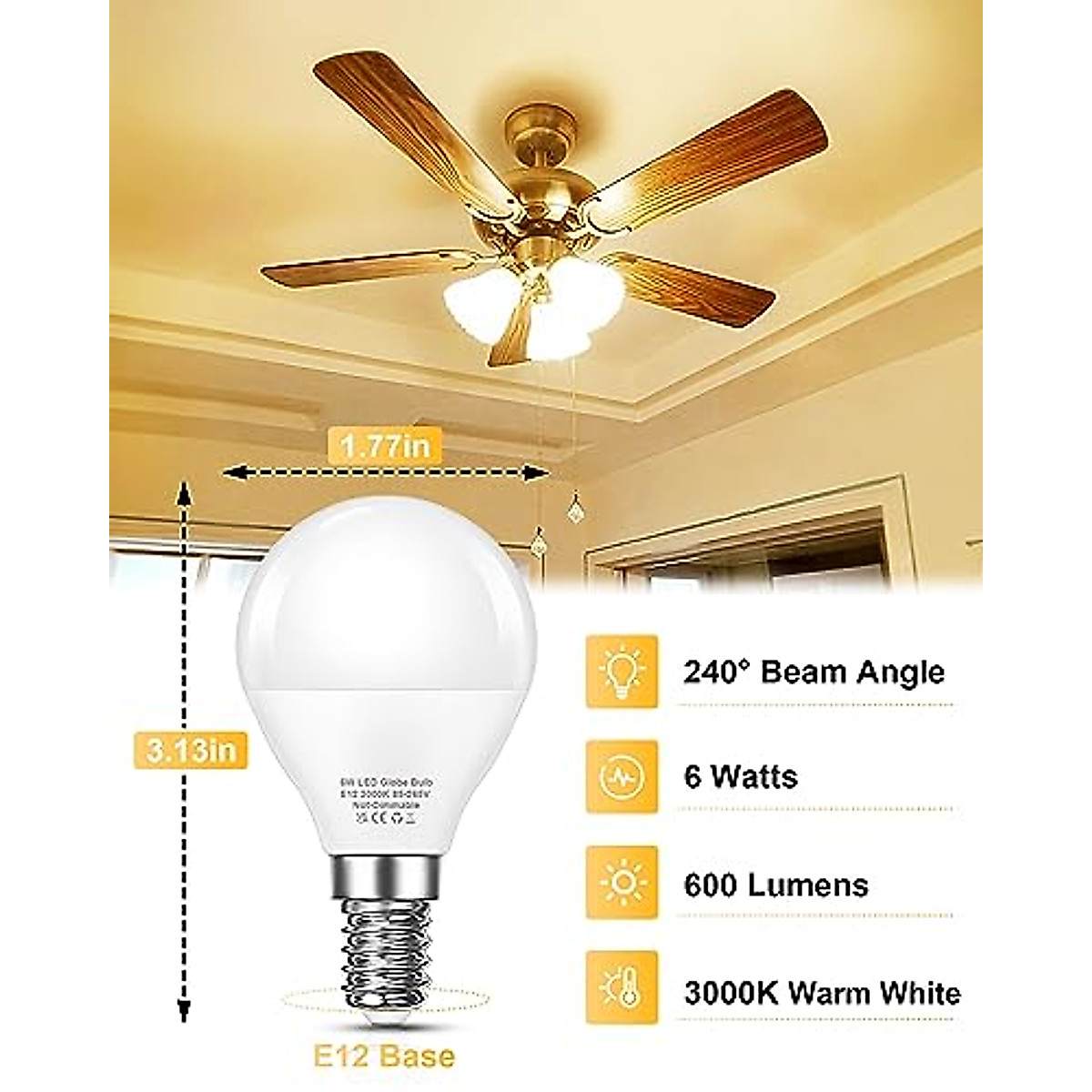 EvaStary Ceiling Fan Light Bulb E12 Candelabra Base, 3000K Warm White 60 Watt Equivalent, E12 LED Chandelier Light Bulbs, 6W 600LM Brightness G14 Mini Globe Candelabra Lighting, Non-dimmable, 6 Pack
