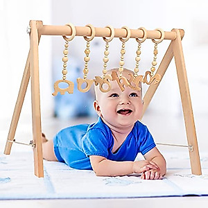 NUNGT Wooden Baby Gym with 6 Hanging Wooden Baby Toys Foldable Wooden Baby Play Gym Activity Gym Baby Play Hanging bar Frame Activity Gym