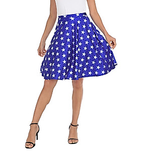 HDE Skirts for Women - Midi Skirt Skater Skirt Knee Length High Waist Fun Prints Blue & White Stars - XL