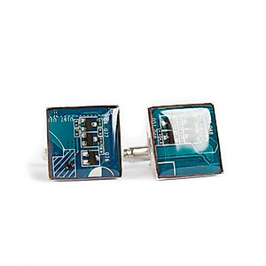 Unique Cufflinks and Tie Clip set, recycled circuit board jewelry for men (Blue)