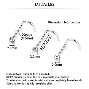 FUNLMO 6pcs 20g 2mm Ball Nose Rings Studs Nose Screw G23 Titanium Nose Rings Hoop Diamond Hypoallergenic 7mm Length Nostril Nose Piercing Jewelry for Women Men Silver