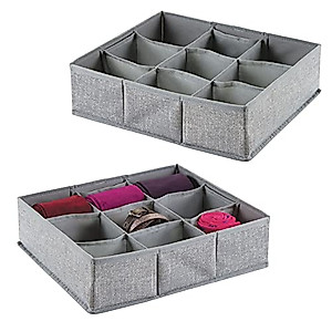 mDesign Soft Fabric Dresser Drawer and Closet Storage Organizer Bin for Lingerie, Bras, Socks, Nylons, Ties, Belts, Tank Tops, Small Accessories - Divided 9 Section Tray, Textured Print, 2 Pack - Gray