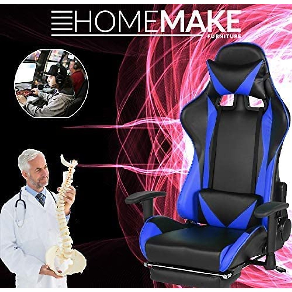 HOMEMAKE FURNITURE Gaming Chair, Racing Office Computer Game Chair, Ergonomic Game Chair, Racing Style with 90° Adjustable Reclining Chair and Retractable footrest, Blue and Black