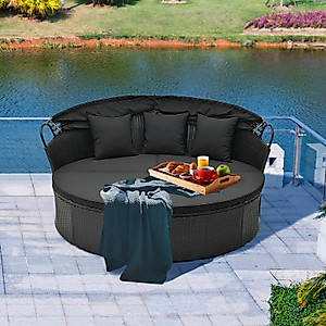 Tangkula Outdoor Patio Round Daybed with Retractable Canopy, Black Rattan Wicker Furniture Sectional Seating with Cushions and Throw Pillows, Seating Separates Cushioned Seats for Backyard (Black)