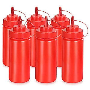 New Star Foodservice 26344 Squeeze Bottles, Plastic, Wide Mouth, 16 oz, Red, Pack of 6