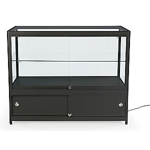 Displays2go 48 Inch Retail Showcase, w/Storage, LED Lights, Lockable Sliding Door - Black (SCTCT48LDB)