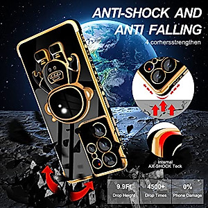 Jusy Samsung Galaxy S22 Ultra 5G Case - 6D Plating Astronaut Stand, Camera Protector, Shockproof Bumper, Love Heart Theme, Elegant Design for Girls & Women - Black