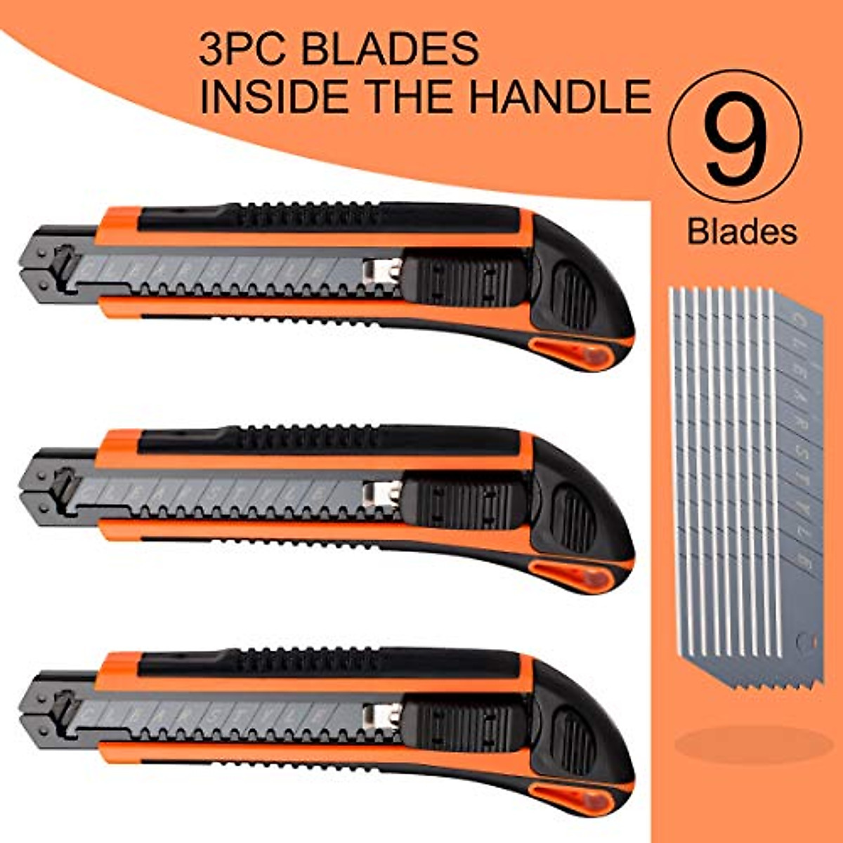 Utility Knife Heavy Duty Box Cutter| Craft 18mm Retractable and Auto Charge - Work Perfect in Everyday Use, TPR Handle, ABS Body and Anti Rust Blade Slot (3 Pack)