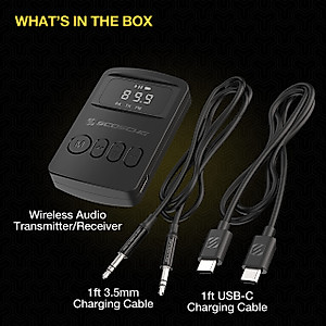 Scosche BTTRFM-SP1 Portable Bluetooth Transmitter/Receiver, FM Transmitter and Wireless Audio Receiver for TV, Headphones, Home/Car Stereo, Airplane Entertainment and more, up to 7 Hour Battery Life