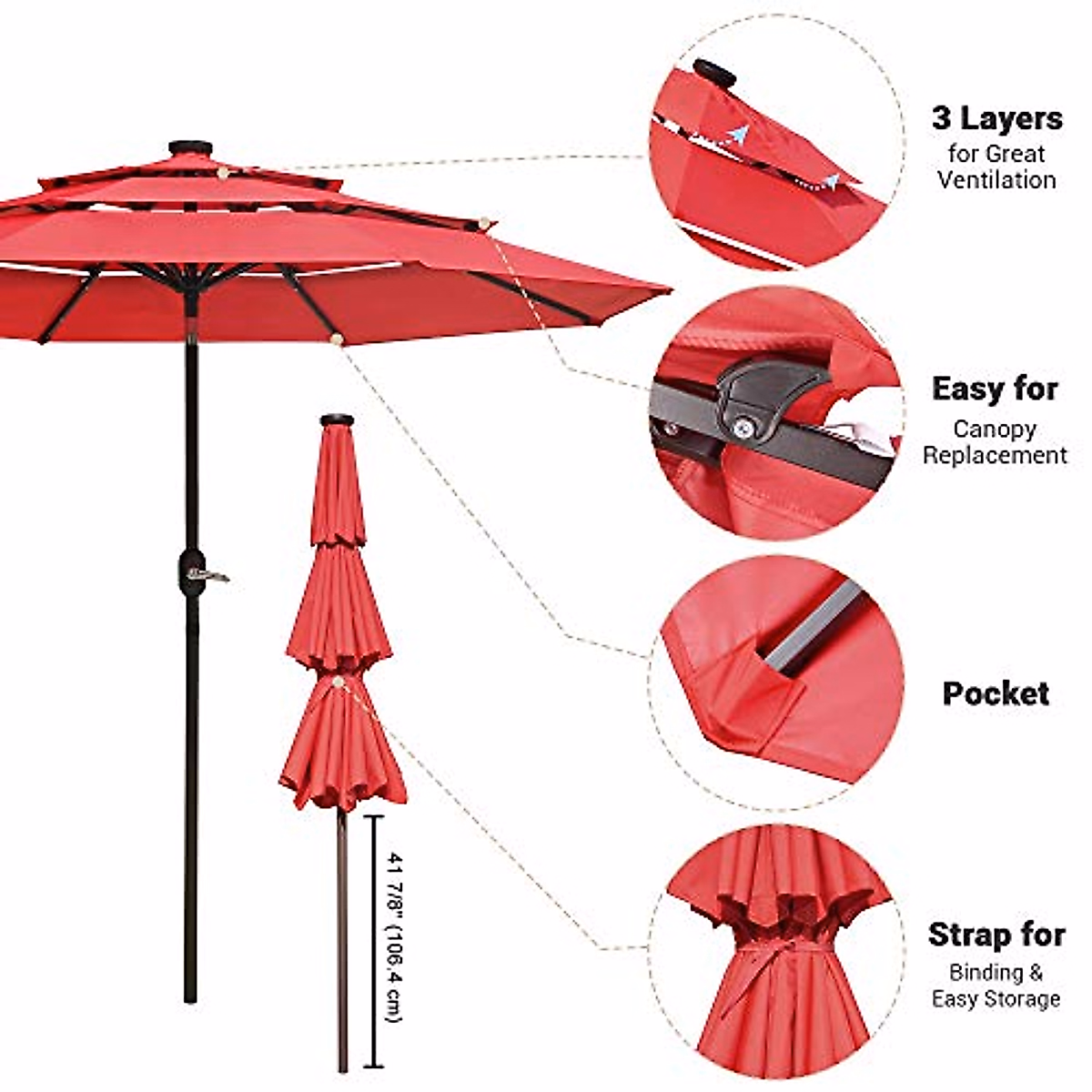 Yescom 9ft 3 Tier UV70+ Solar Powered Patio Umbrella with LED Crank Tilt Button Aluminum Outdoor Home Garden Yard Deck