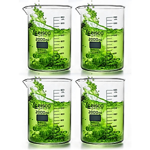 EISCO 4PK Beakers, 2000ml - Low Form with Spout - White, 100ml Graduations - Borosilicate 3.3 Glass