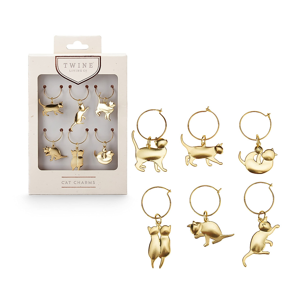 Twine Cat Lovers Wine Charms with Six Unique Designs, Drink Markers for Stemware, Gold