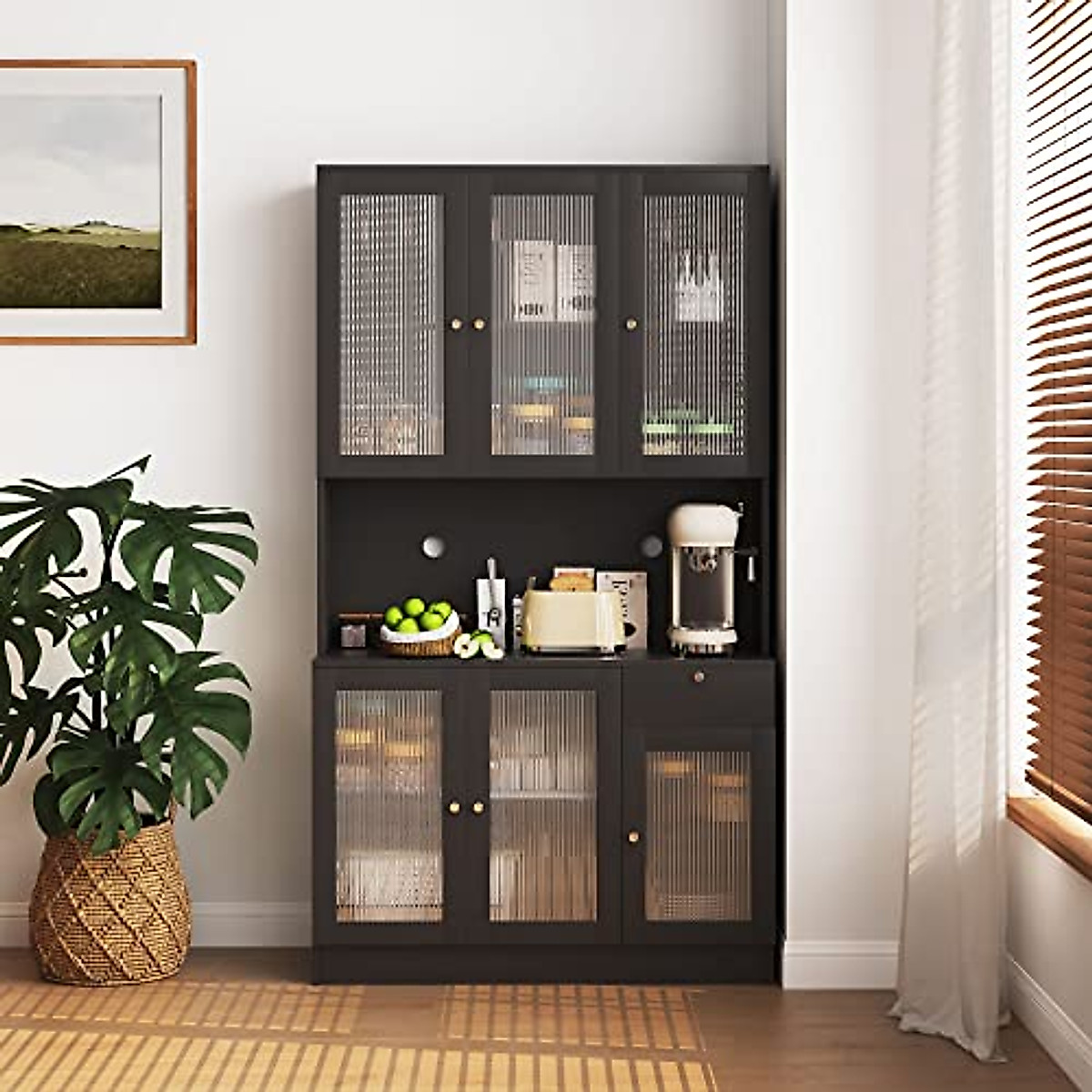 AVZEAR Kitchen Pantry Cabinet, Glass Door Cupboard 69.7" Freestanding Multifunctional Kitchen Pantry Cabinet Storage Cabinet Cupboard with 6 Doors,4 Shelves and 1 Drawer, Black