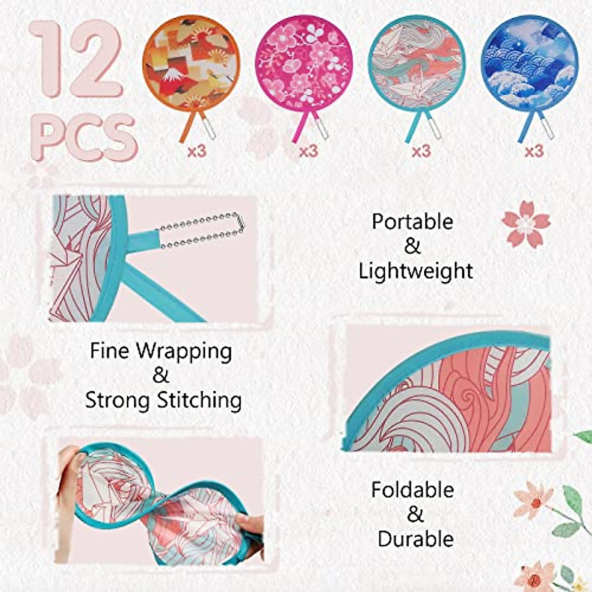 12 Pcs Round Japanese Style Foldable Hand Fan Summer Flower Handheld Folding Fan 4 Patterns Collapsible Handheld Fan Foldable for Women Girls Daily Use Festival Wedding Party Favors Home Decorations