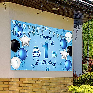 Happy 1st Birthday Backdrop Banner Blue Newborn Boys First Birthday Backdrop Photography Background for 1st Birthday Baby Shower Party Decorations Supplies 72.8 x 43.3 Inch