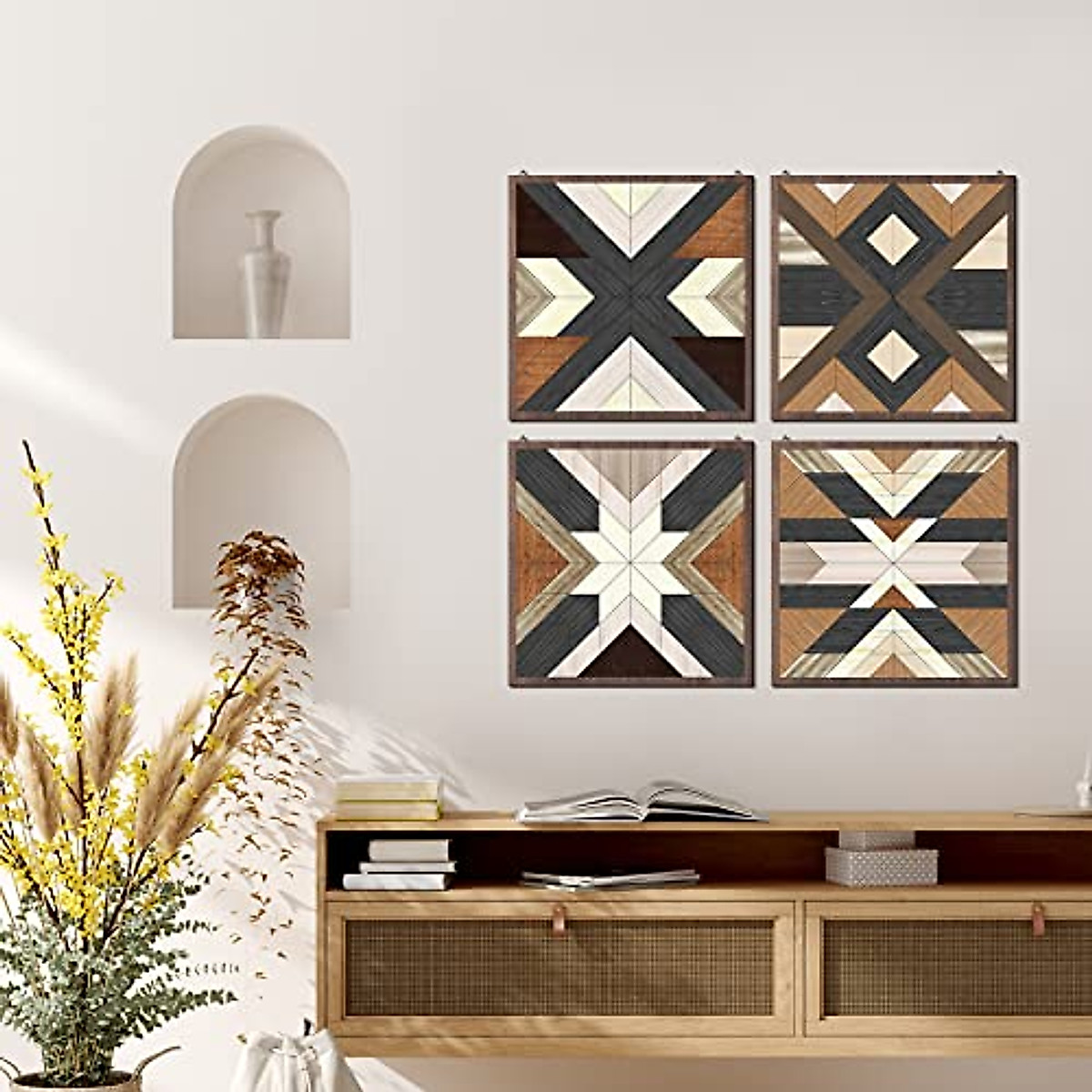 Qunclay 4 Pieces Wood Wall Art Wooden Aztec Wall Decor Boho Western Wall Decor Diamond Sign Farmhouse Home Wall Art Prints on Wood for Apartment Bedroom Living Room, 11.8 x 11.8 Inches