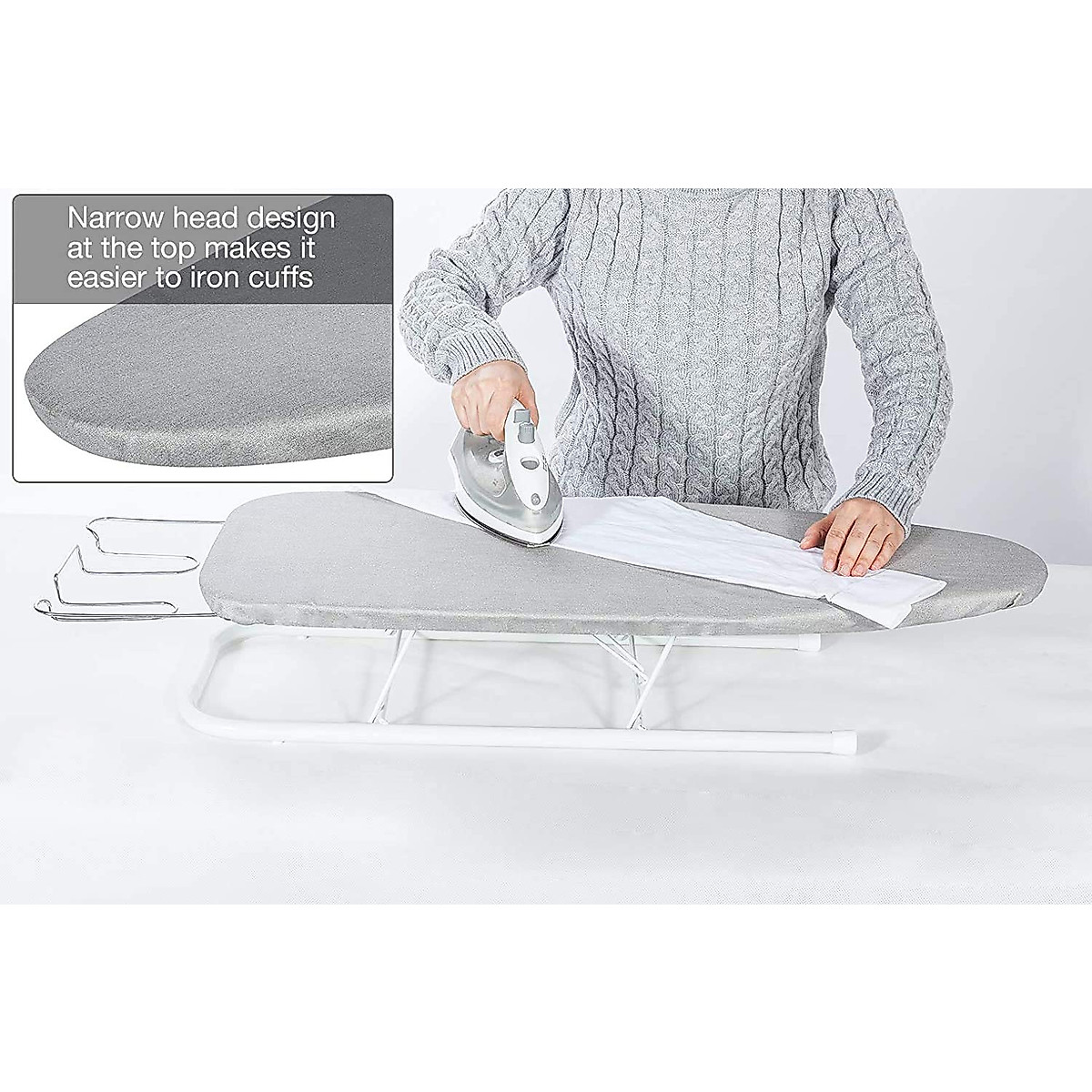 STORAGE MANIAC Tabletop Ironing Board with Iron Rest, All-Iron Frame & Silver Metallic Cover for Faster Ironing - Silver Grey