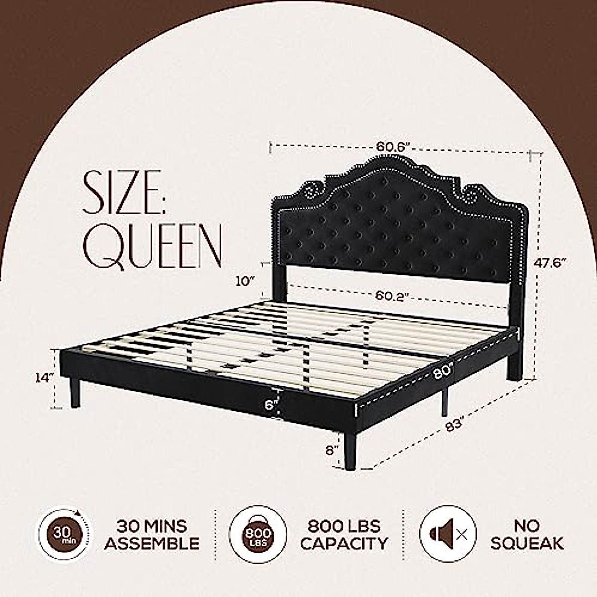 WEEWAY Queen Bed Frame with Velvet Tiara Curved Headboard and High Resilience, Upholstered Diamond Button Tufted Platform Bed with Wood Slats/No Box Spring Needed/Easy Assembly/Black