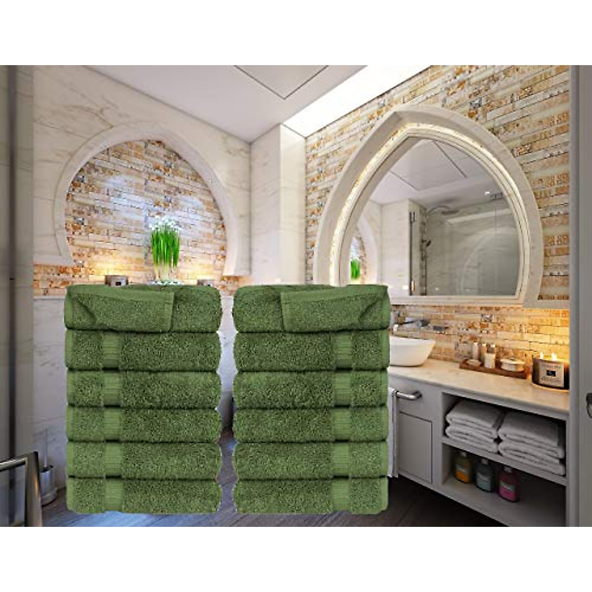 FTB Classic Washcloths Set 12 Piece Washcloths (Moss Green, 12 Washcloths)