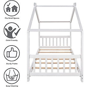 Harper & Bright Designs Twin House Bed for Kids, Floor Bed Frame Twin with Headboard and Footboard, Wooden Twin Kids Bed Montessori Floor Bed for Toddlers, Girls, Boys,White