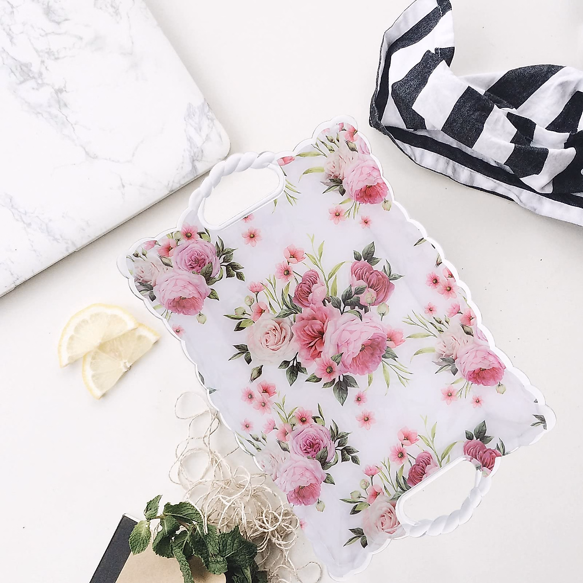 Plastic Serving Tray with Handles: Floral Serving Tray Rectangular Flower Serving Platter for Dried Food Nut Fruit Snack Candy S