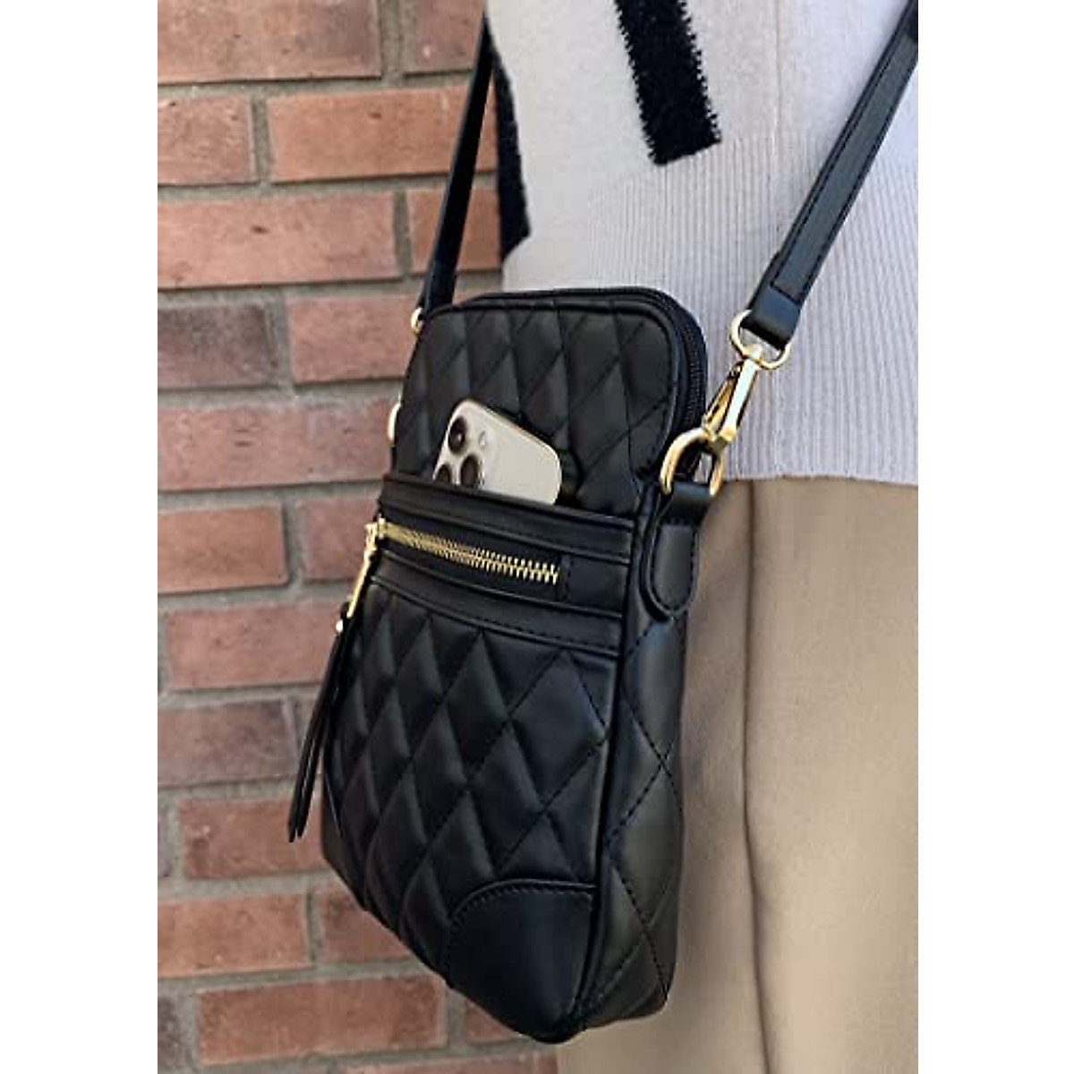 lola mae Small Quilted Crossbody Bag for Women Phone Pocket Shoulder Handbag Zipper Closure (Black)