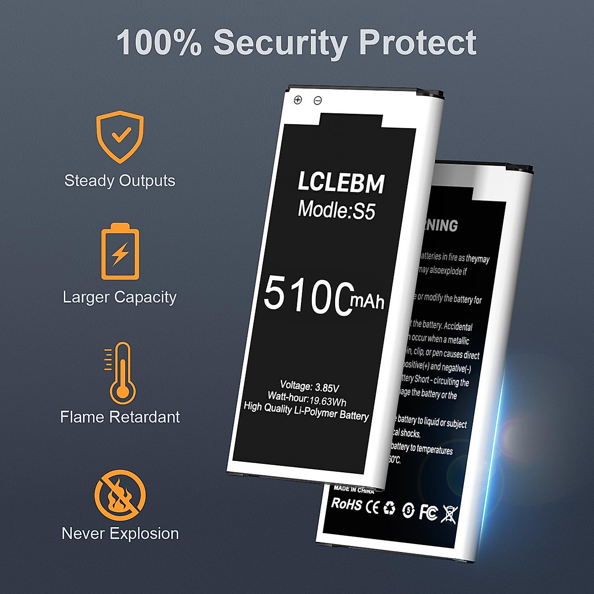 LCLEBM Galaxy S5 Battery S5 Battery Lithium Polymer Replacement Battery for Samsung Galaxy S5 G900A G900P G900V G900T G900F G900H G900R4 I9600 Galaxy S5 Battery Replacement