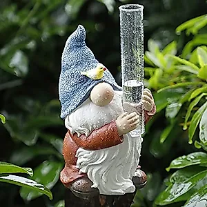 FORUP Resin Gnome Rain Gauges, Resin Gnome Garden Statue with a Plastic Rain Gauge, Hand Painted Gnome Sculpture Water Gauge for Rain