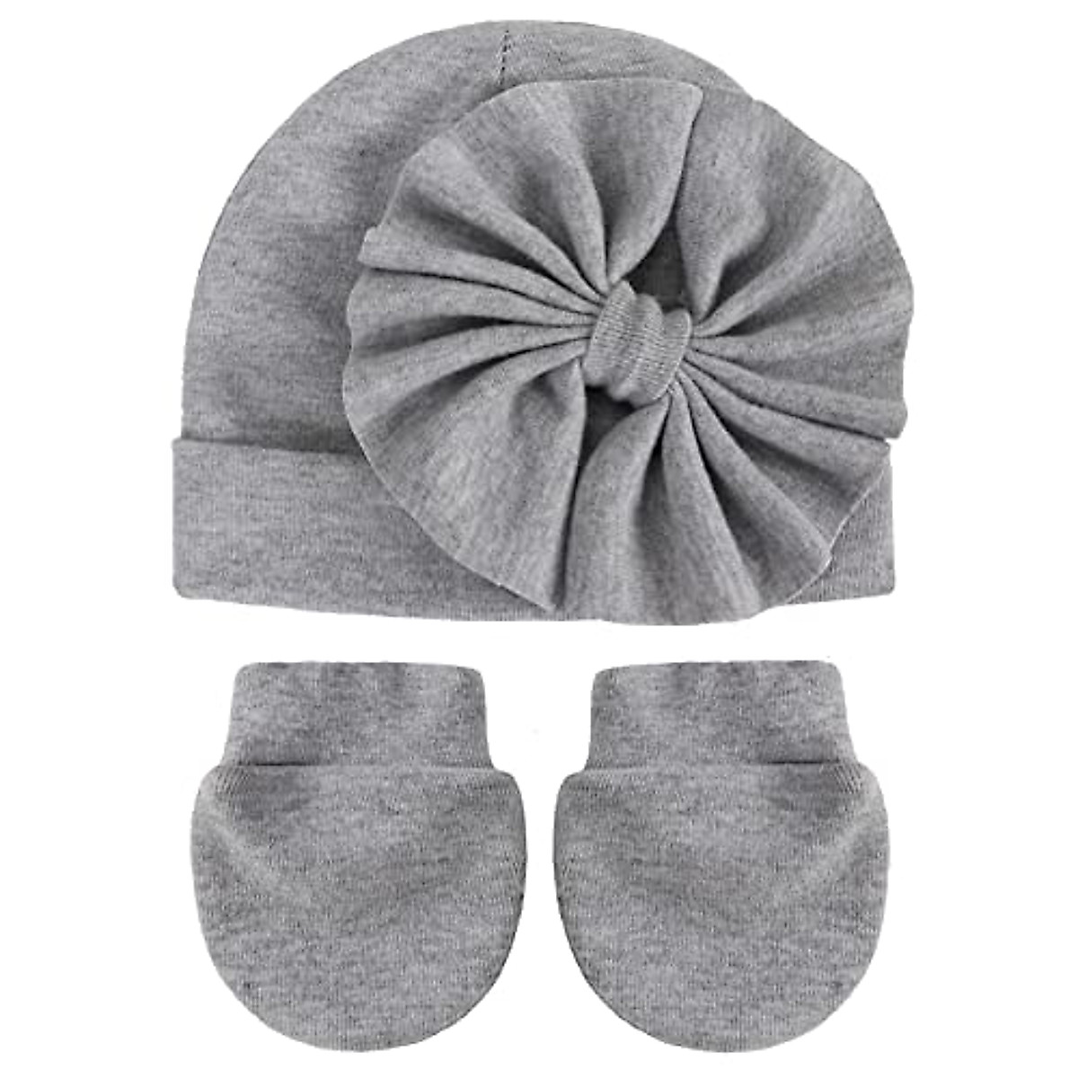 Newborn Bowknot Beanie Hat Gloves Set Baby Boys Girls Hospital Hat Infant Cap No Scratch Mittens for 0-6 Months (Grey)