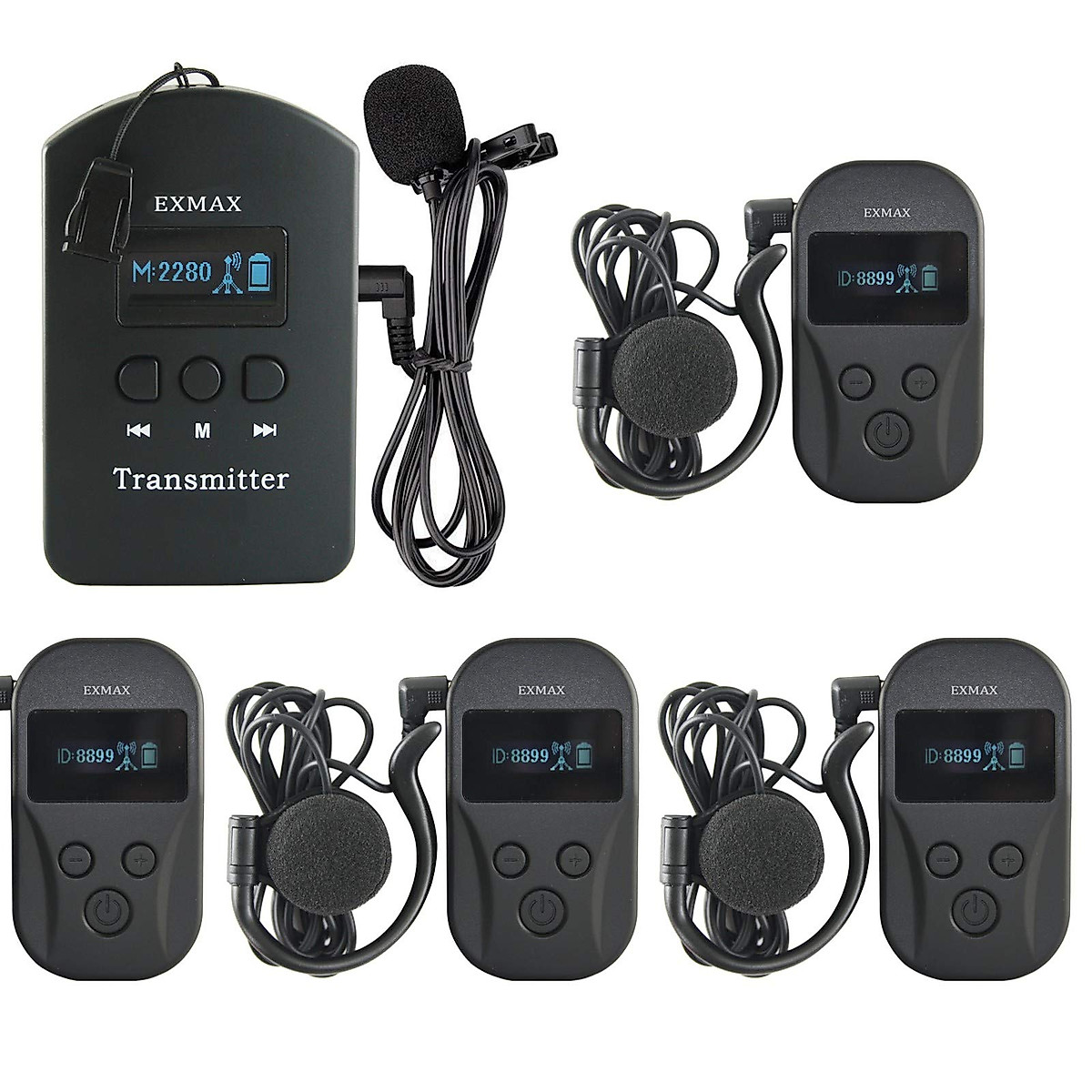 EXMAX EXD-101 2.4GHz Professional Wireless Tour Guide System with 9999 Available Channels to Work for the Reception of VIPs Visited the Factory,Seminars or Exhibitions(1 Transmitter & 4 Receivers)