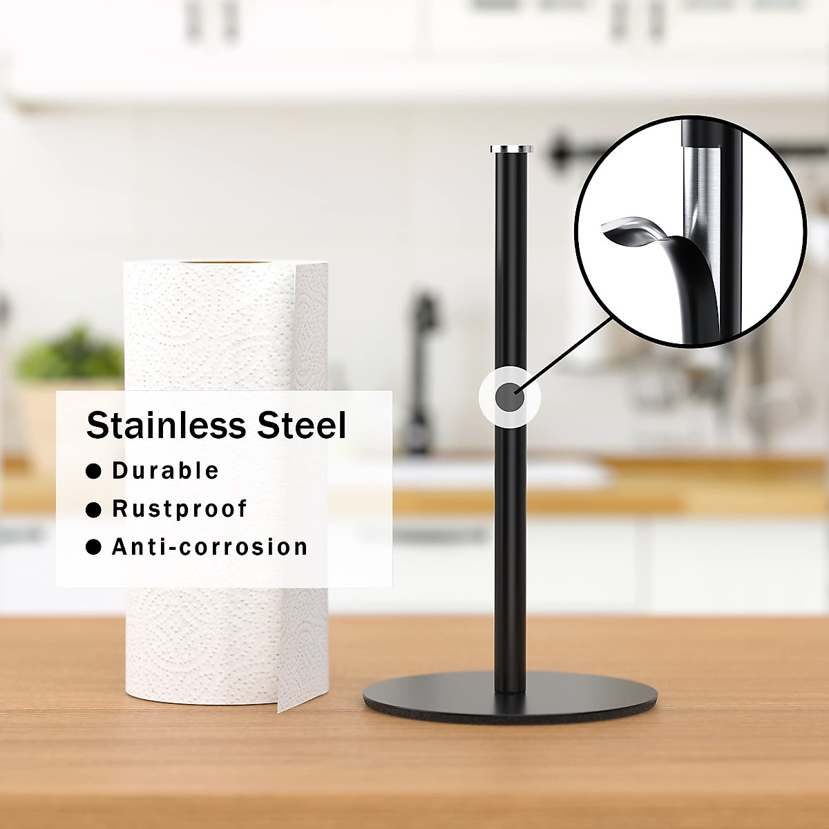 Black Paper Towel Holder Countertop - Free Standing Paper Towel Holder Stand for Kitchen Rolls, Non Slip Paper Towel Roll Holder, Modern Kitchen Countertop Organizer Fits Most Size Paper Roll