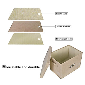 Foldable Storage Boxes with Lids Linen Fabric Collapsible Clothing Bin Organizer Baskets Containers with Carry Handles Transparent Slot Design for Home Bedroom Office Kids Room (Khaki, 3 Pack)
