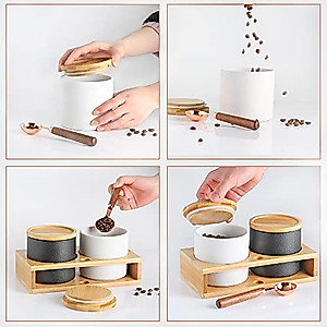 Coffee Containers with Shelf & Scoop - 2 x 17.9OZ(530 ML) Ceramic Airtight Coffee Bean Storage Container Food Storage Jar with Wood Lid for Loose Leaf Tea/Nuts/Snack/Sugar in Kitchen (Black&White)