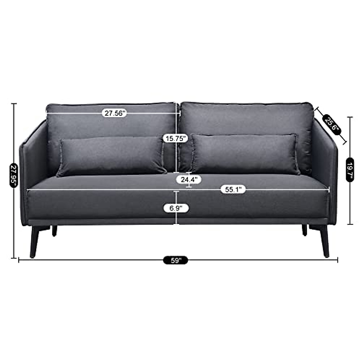 Loveseat Sofa Couches for Living Room 59", Modern Linen Fabric Couch, Small Sofas with 2 Pillow, 2-Seat Upholstered Love Seats for Living Room, Bedroom, Apartment, Small Spaces, Dark Gray