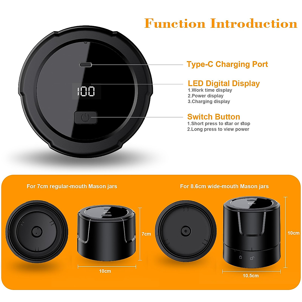 Mason Jars Vacuum Sealer Kit for Wide and Regular Mouth Mason Jars, Wireless Electric Vacuum Seal Machine with 10pcs Lids and An Opener