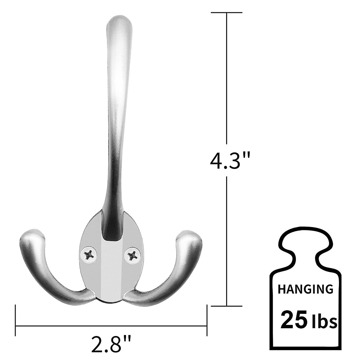 IBosins 6 Pack Big Heavy Duty Three Prongs Coat Hooks Wall Mounted with 24 Screws (Two Types of Screws Included) Retro Double Utility Rustic Hooks for Thick Coat, Big Heavy Bags (Matte Nickel)