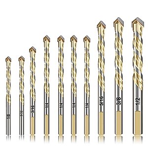 10 Pieces Masonry Drill Bits Set Glass Drilling Bits for Ceramic Tile Wood Porcelain Mirror Plastic Marble Wall with Strength Carbide Tips in Sizes-1/8, 5/32, 3/16, 1/4, 5/16, 3/8, 1/2 Inch, Gold