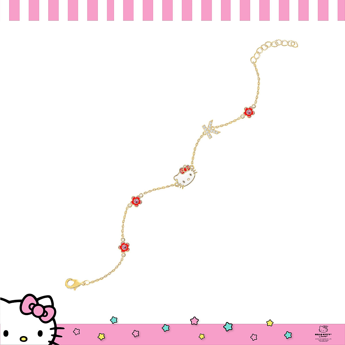 Hello Kitty Sanrio Womens Initial Bracelet 6.5" + 1"- Official License 18k Flash Plated Cubic Zirconia Letter K Bracelet