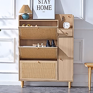 YardGo Freestanding Shoe Cabinet with 3 Flip Drawers and Door, Modern Rattan Shoe Storage Organizer, Small Household Furniture for Entryway, Hallway, Living Room