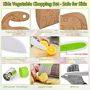 12 Pieces Wooden Kids Kitchen Knife, Kids Knife Set Include Wood Toddler Knife Serrated Edges Plastic Knife Sandwich Cutter Potato Slicers Children Gloves, Christmas/New Year's Gift for Child