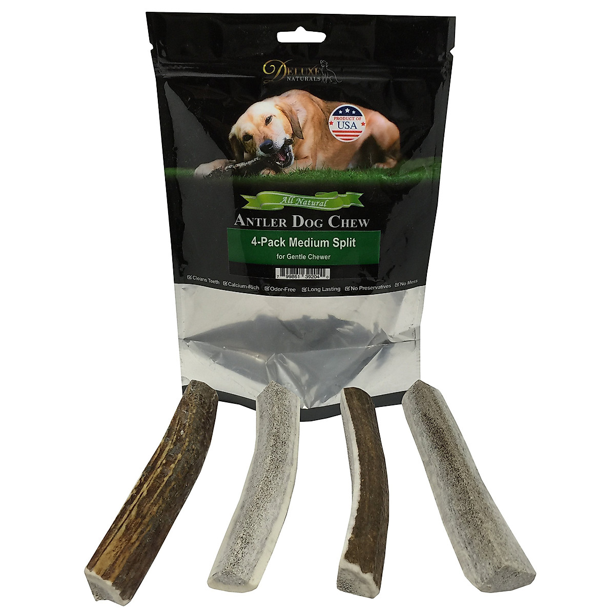 Deluxe Naturals Elk Antler Dog Chews | Long-Lasting A-Grade Premium Elk Antler Chews for Dogs from Naturally Shed Elk Antlers Collected in The USA, Split, Medium (Pack of 4)
